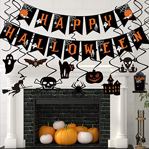 Doumeny Halloween Hanging Swirl Decorations Happy Halloween Banner Bunting Garland Flag Halloween Hanging Foil Swirls with Halloween Balloons for Halloween Party Decor Home Ceiling Doorway Decor