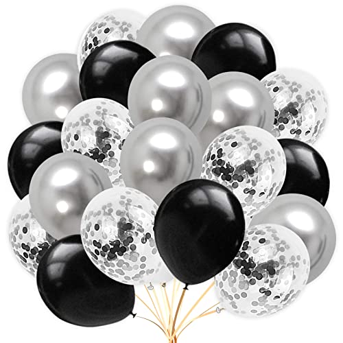 Black and Silver Confetti Balloons-60 pcs 12 Inch Black and Silver Metallic Chrome Latex Balloons for Birthday Graduation Ceremony Bachelor Engagement Wedding Baby Shower Party Decorations