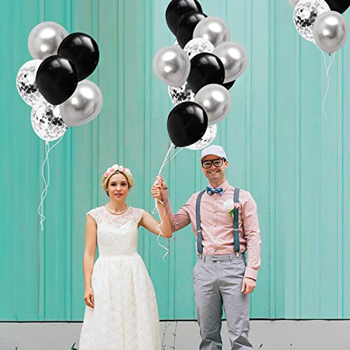 Black and Silver Confetti Balloons-60 pcs 12 Inch Black and Silver Metallic Chrome Latex Balloons for Birthday Graduation Ceremony Bachelor Engagement Wedding Baby Shower Party Decorations