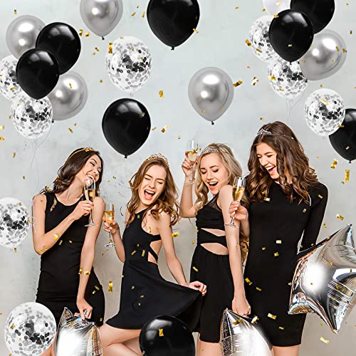 Black and Silver Confetti Balloons-60 pcs 12 Inch Black and Silver Metallic Chrome Latex Balloons for Birthday Graduation Ceremony Bachelor Engagement Wedding Baby Shower Party Decorations