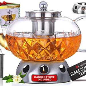 Pykal Glass Tea Pot With Removable Infuser - 40 Oz - Candle Warmer Included - Glowing Diamond Teapot Also For Loose & Blooming Tea - Glass Kettle