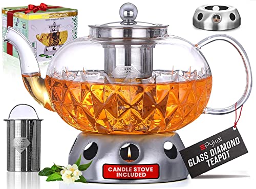 Pykal Glass Tea Pot With Removable Infuser - 40 Oz - Candle Warmer Included - Glowing Diamond Teapot Also For Loose & Blooming Tea - Glass Kettle