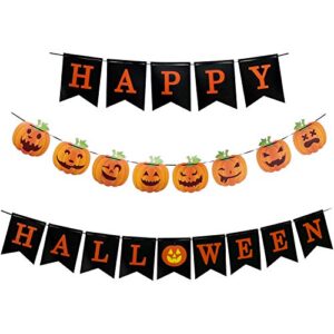 Black Happy Halloween Banner Bunting with Pumpkin Sign, Includes Orange Pumpkin Banner Garland, Perfect for Indoor Outdoor Halloween Party Decorations