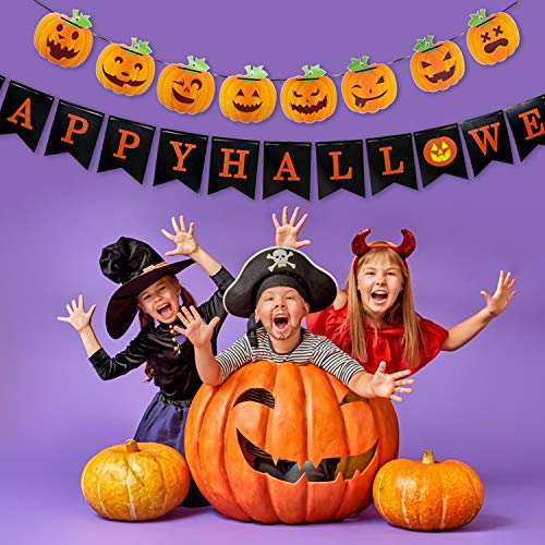 Black Happy Halloween Banner Bunting with Pumpkin Sign, Includes Orange Pumpkin Banner Garland, Perfect for Indoor Outdoor Halloween Party Decorations