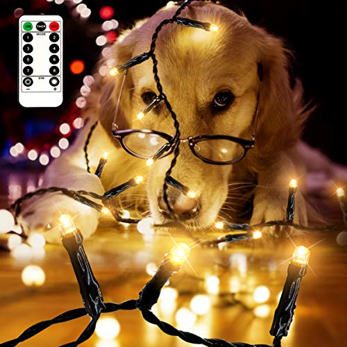 [Remote and Timer] 33FT 100 LED Christmas Lights Battery Operated, Outdoor Christmas Tree String Fairy Lights Green Wire with 8 Modes IP65 Waterproof for Garden, Party, Wedding Decoration (Warm White)