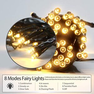 [Remote and Timer] 33FT 100 LED Christmas Lights Battery Operated, Outdoor Christmas Tree String Fairy Lights Green Wire with 8 Modes IP65 Waterproof for Garden, Party, Wedding Decoration (Warm White)