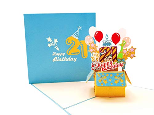 iGifts And Cards Happy 21st Blue Birthday Party Box 3D Pop Up Greeting Card - Awesome Twenty-one, Cute, Congrats, Unique, Celebration, Feliz Cumpleaños, Balloons, Gift, Presents