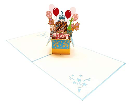 iGifts And Cards Happy 21st Blue Birthday Party Box 3D Pop Up Greeting Card - Awesome Twenty-one, Cute, Congrats, Unique, Celebration, Feliz Cumpleaños, Balloons, Gift, Presents