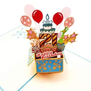 iGifts And Cards Happy 21st Blue Birthday Party Box 3D Pop Up Greeting Card - Awesome Twenty-one, Cute, Congrats, Unique, Celebration, Feliz Cumpleaños, Balloons, Gift, Presents