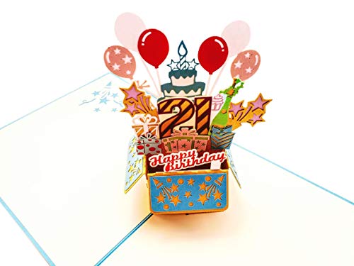 iGifts And Cards Happy 21st Blue Birthday Party Box 3D Pop Up Greeting Card - Awesome Twenty-one, Cute, Congrats, Unique, Celebration, Feliz Cumpleaños, Balloons, Gift, Presents