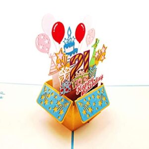 iGifts And Cards Happy 21st Blue Birthday Party Box 3D Pop Up Greeting Card - Awesome Twenty-one, Cute, Congrats, Unique, Celebration, Feliz Cumpleaños, Balloons, Gift, Presents