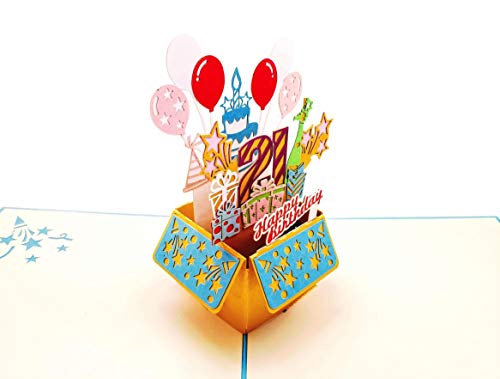 iGifts And Cards Happy 21st Blue Birthday Party Box 3D Pop Up Greeting Card - Awesome Twenty-one, Cute, Congrats, Unique, Celebration, Feliz Cumpleaños, Balloons, Gift, Presents