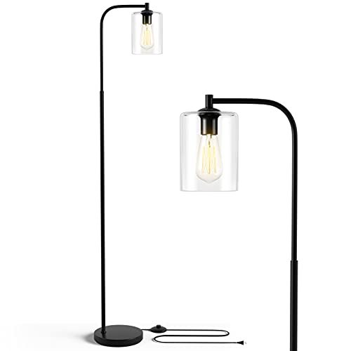 Tangkula Floor Lamp with Hanging Glass Shade, Modern Tall Pole Lamp with E26 Base & Foot Switch, Industrial Standing Tall Lighting for Home Office (Bulb Not Included) (Black)