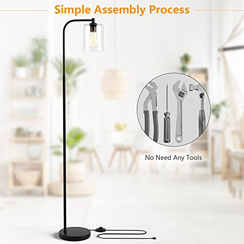 Tangkula Floor Lamp with Hanging Glass Shade, Modern Tall Pole Lamp with E26 Base & Foot Switch, Industrial Standing Tall Lighting for Home Office (Bulb Not Included) (Black)