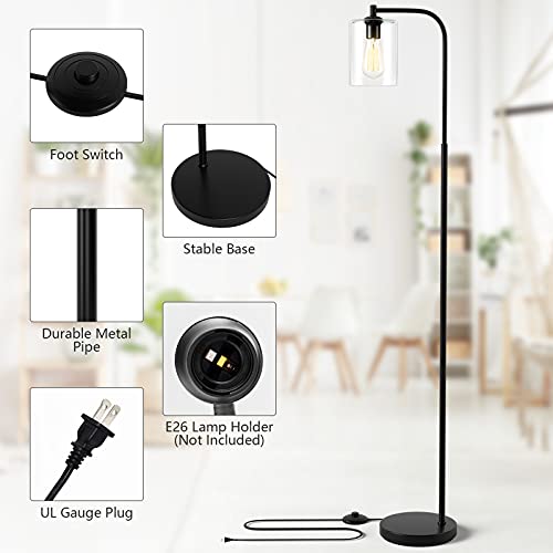 Tangkula Floor Lamp with Hanging Glass Shade, Modern Tall Pole Lamp with E26 Base & Foot Switch, Industrial Standing Tall Lighting for Home Office (Bulb Not Included) (Black)