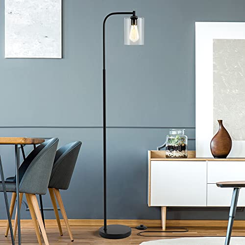 Tangkula Floor Lamp with Hanging Glass Shade, Modern Tall Pole Lamp with E26 Base & Foot Switch, Industrial Standing Tall Lighting for Home Office (Bulb Not Included) (Black)