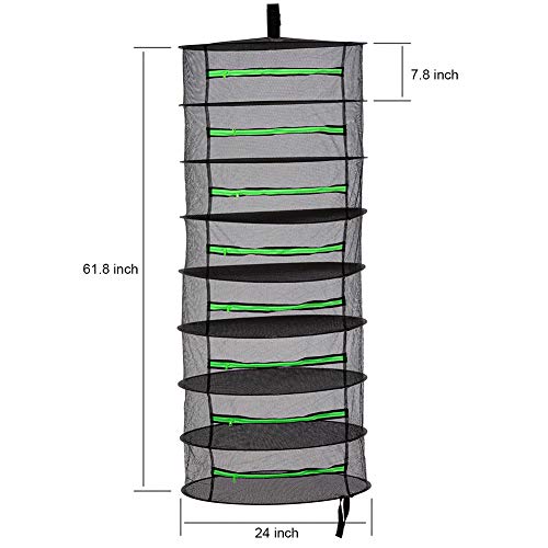 Herb Drying Rack Hanging 8 Tier 2ft Black Mesh Dryer Dry Net with Zipper Hydroponics