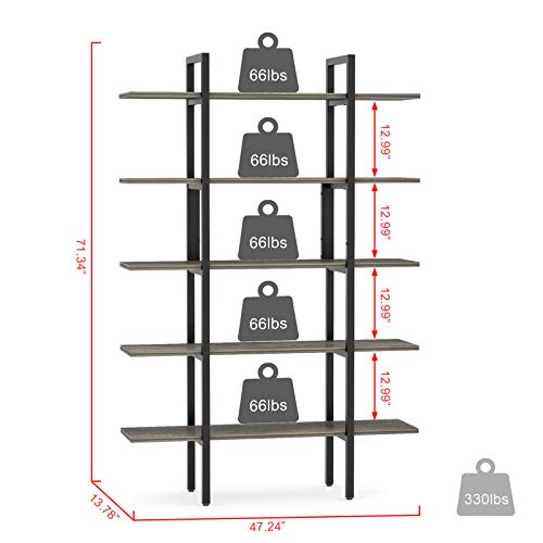 Teraves 5-Tier Bookshelf Wood Bookcase with Metal Frame Book Shelf Organizer Storage Display Shelves Russtic Wood and Metal Shelving Unit (Boak)