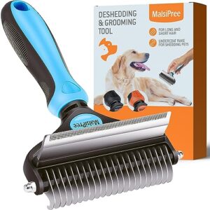 malsipree dog grooming brush for shedding - 2 in 1 deshedding tool and undercoat rake for long and short haired dogs with double coat - dematting comb and pet hair deshedder supplies (large, blue)