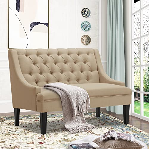 Tongli 50" Small Modern Loveseat Settee Sofa Linen Fabric 2-Seat Sofa Couch Tufted Love Seat Dining Bench with Back Upholstered Banquette Sofas for Living Room Bedroom Small Space Entryway Tan