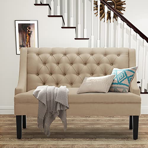 Tongli 50" Small Modern Loveseat Settee Sofa Linen Fabric 2-Seat Sofa Couch Tufted Love Seat Dining Bench with Back Upholstered Banquette Sofas for Living Room Bedroom Small Space Entryway Tan