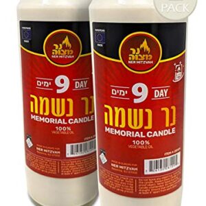 Ner Mitzvah 9 Day Yahrzeit Candle - 2 Pack Kosher White Yahrzeit Memorial Candles - Yom Kippur and Holiday Candle in Glass Jar - 100% Vegetable Oil Wax Prayer Candle