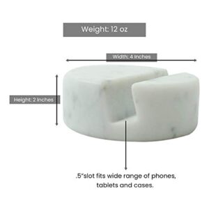 Crevasse Phone Stand by HigherHuman – Premium Carrara Marble Cell Phone Holder for Cellphone or Tablet on Your Desk, Counter, Table or Nightstand. Luxurious Solid Real Stone Phone Stand for Recording