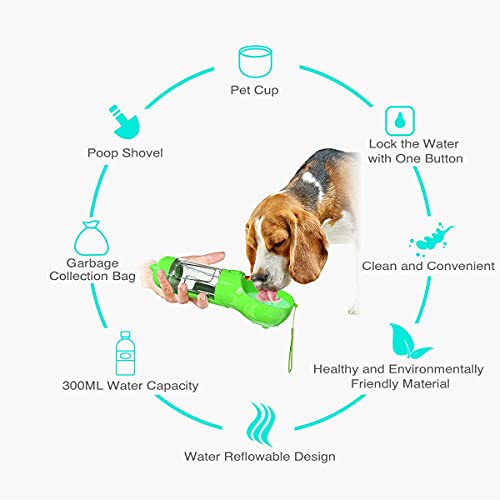 Guardians Portable Dog Water Bottle, Dog Travel Water Bottle Bowl Dispenser with Drinking Feeder Bowl Poop Bag for Dogs Small Pets Walking, Traveling, Hiking (Green)