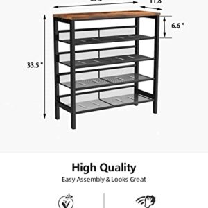 MIERES 5-Tier Shoe Rack, Industrial Shoe Storage Organizer with 4 Metal Mesh Shelves, Sturdy and Easy Assembly, Perfect for Entryway/Hallway/Closet/Bedroom, Rustic Brown, 29.5”l x11.8 ”w x 33.5”h