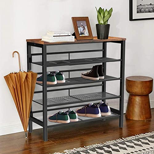 MIERES 5-Tier Shoe Rack, Industrial Shoe Storage Organizer with 4 Metal Mesh Shelves, Sturdy and Easy Assembly, Perfect for Entryway/Hallway/Closet/Bedroom, Rustic Brown, 29.5”l x11.8 ”w x 33.5”h