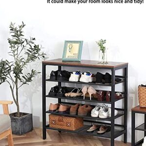 MIERES 5-Tier Shoe Rack, Industrial Shoe Storage Organizer with 4 Metal Mesh Shelves, Sturdy and Easy Assembly, Perfect for Entryway/Hallway/Closet/Bedroom, Rustic Brown, 29.5”l x11.8 ”w x 33.5”h