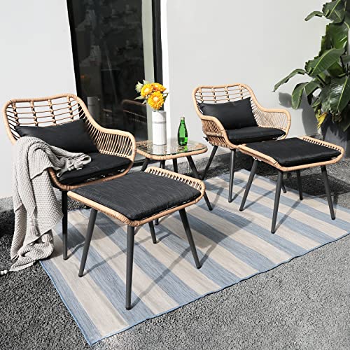 JOIVI 5 Piece Outdoor Patio Furniture Set, PE Rattan Wicker Small Patio Conversation Set Porch Furniture, Cushioned Patio Chairs with Ottomans and Side Table