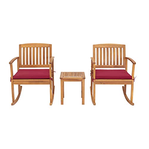 Kinsunny 3 Piece Wood Patio Bistro Rocking Chairs Outdoor Chat Wooden Rocker Conversation Set with Cushions and End Table for Garden, Pool, Backyard