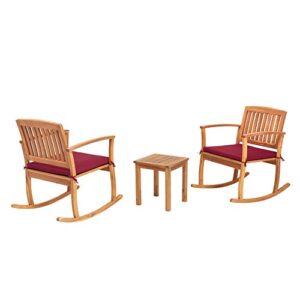 Kinsunny 3 Piece Wood Patio Bistro Rocking Chairs Outdoor Chat Wooden Rocker Conversation Set with Cushions and End Table for Garden, Pool, Backyard