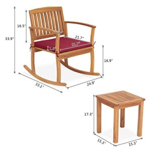 Kinsunny 3 Piece Wood Patio Bistro Rocking Chairs Outdoor Chat Wooden Rocker Conversation Set with Cushions and End Table for Garden, Pool, Backyard