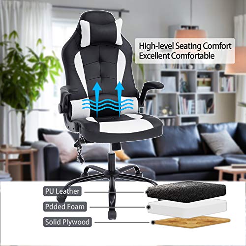 HCB Office Chair, Gaming Chair, Ergonomic Computer Desk Chair High Back Rolling Swivel Height Adjustable with Flip-Up Arms, Headrest and Lumbar Support, Massager, Leather （White）