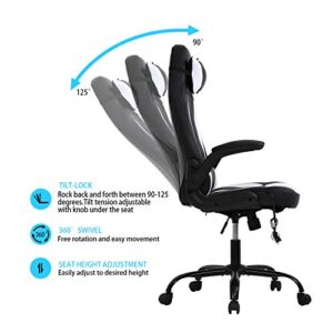 HCB Office Chair, Gaming Chair, Ergonomic Computer Desk Chair High Back Rolling Swivel Height Adjustable with Flip-Up Arms, Headrest and Lumbar Support, Massager, Leather （White）