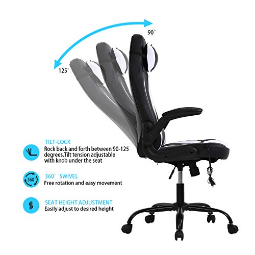 HCB Office Chair, Gaming Chair, Ergonomic Computer Desk Chair High Back Rolling Swivel Height Adjustable with Flip-Up Arms, Headrest and Lumbar Support, Massager, Leather （White）