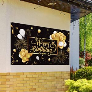 Blulu Happy Birthday Backdrop Banner Sign Poster Large Fabric Glitter Balloon Fireworks Sign Birthday Photo Backdrop Background for Birthday Party Decoration Supplies, 72.8 x 43.3in (Black and Gold)