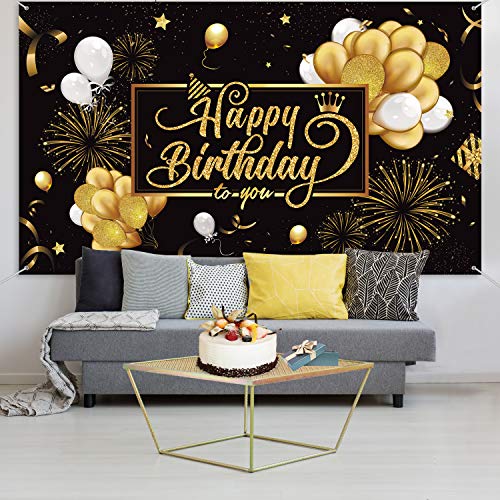 Blulu Happy Birthday Backdrop Banner Sign Poster Large Fabric Glitter Balloon Fireworks Sign Birthday Photo Backdrop Background for Birthday Party Decoration Supplies, 72.8 x 43.3in (Black and Gold)