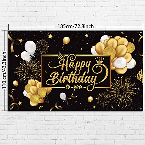 Blulu Happy Birthday Backdrop Banner Sign Poster Large Fabric Glitter Balloon Fireworks Sign Birthday Photo Backdrop Background for Birthday Party Decoration Supplies, 72.8 x 43.3in (Black and Gold)