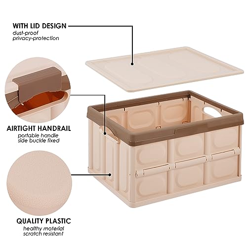 Foldable Storage Boxes with Lids [3-Pack] Collapsible Plastic Storage Bins Organizer Containers Baskets Cub with Cover,Stackable Utility Crates Storage Box (Brown, 30L)