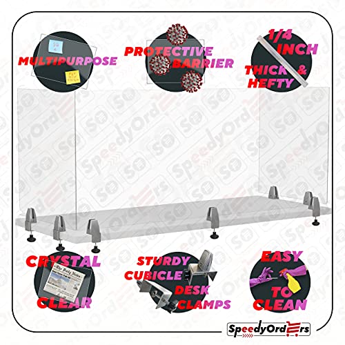 Cubicle Sneeze Guard by SPEEDYORDERS – Sneeze Guard for Cubicle - Clear Cubicle Divider - Wall Extender Plexiglass For Cubicle With Removable Clamps 1/4" Thick 48"W x 24"H - Includes 3 clamps