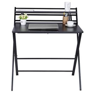 【US Stock】 Folding Study Computer Desk - Writing Desk Portable Lazy Foldable Table Laptop Desk Simple Computer Desk with Shelf for Small Space,Free Installation Home Office Desk (Black)