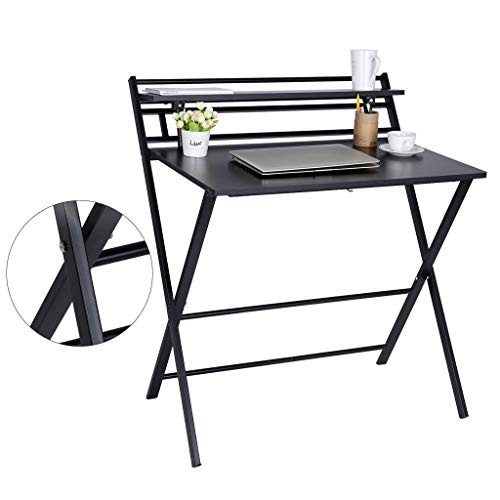 【US Stock】 Folding Study Computer Desk - Writing Desk Portable Lazy Foldable Table Laptop Desk Simple Computer Desk with Shelf for Small Space,Free Installation Home Office Desk (Black)