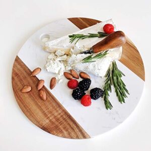 marble cheese board with acacia accent 12" round - beautifully handcrafted charcuterie board for two - round cutting board - wonderful housewarming gift