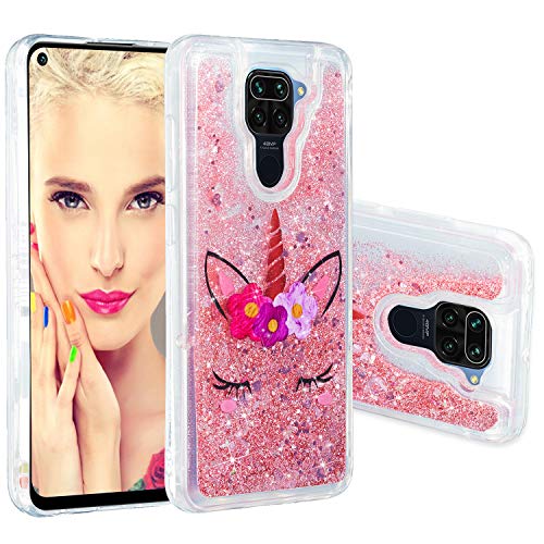 OOPKINS Glitter Liquid Case for Redmi Note 9 Sparkle Floating Shiny Quicksand Clear Soft TPU Silicone Shockproof Protective Bumper Thin Cover for Redmi Note 9 Bling Eyelash Unicorn XY