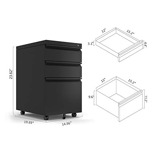 UINSOO 3 Drawer Mobile File Cabinet with Lock, Under Desk Metal Movable Filing Cabinet, Fully Assembled Except Casters, Lateral Storage Cabinet for Home Office(Black, 3 Drawer Mobile File Cabinet)