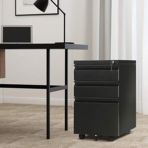 UINSOO 3 Drawer Mobile File Cabinet with Lock, Under Desk Metal Movable Filing Cabinet, Fully Assembled Except Casters, Lateral Storage Cabinet for Home Office(Black, 3 Drawer Mobile File Cabinet)