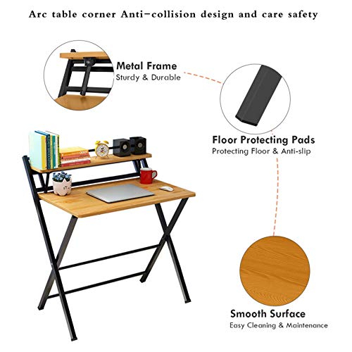 【US Stock】 Folding Study Computer Desk - Writing Desk Portable Lazy Foldable Table Laptop Desk Simple Computer Desk with Shelf for Small Space,Free Installation Home Office Desk (Khaki)